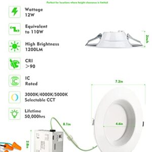 12 Pack LED Recessed Lighting 6 Inch, 3000K/4000K/5000K Selectable Canless 6 inch led recessed light, Dimmable 6in Recessed Lighting LED,12W 1200LM (110W Eqv.) CRI90 Wafer Lights 6 inch -IC Rated