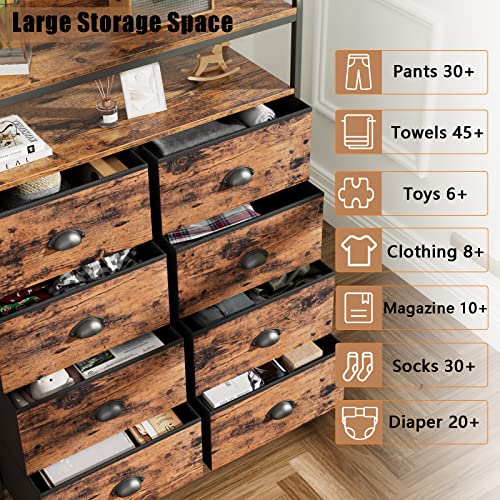 Furologee 8 Storage Drawers Dresser for Bedroom with Double Shelf Tall, Large Storage Organizer Unit for Closet,Living Room,Entryway, Wooden Top,Sturdy Metal Frame (Rustic Brown, 8 drawers)