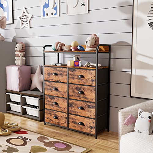 Furologee 8 Storage Drawers Dresser for Bedroom with Double Shelf Tall, Large Storage Organizer Unit for Closet,Living Room,Entryway, Wooden Top,Sturdy Metal Frame (Rustic Brown, 8 drawers)