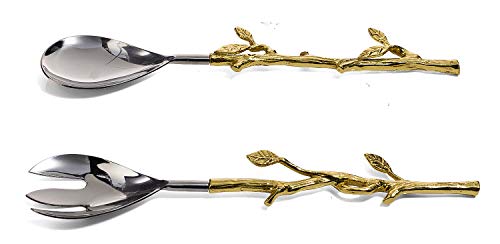 Twig Salad Servers Brass & Stainless Steel, Fork & Spoon Set Leaf Design, Two Tone Ideal for Weddings, Dinner Parties, Elegant Flatware, Housewarming Gifts, Stainless Steel Mirror Polished (Gold Leaf)