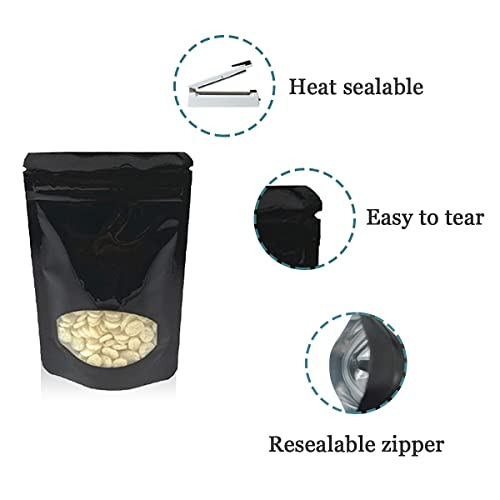 100 Pieces Stand Up Mylar Bags Plastic Window Pouch for Zip Food Storage Lock Aluminum Foil Bag Candy Packing Zipper Lock Resealable (3.3x5.1 inch, Black)