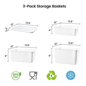 vacane 3 Pack Plastic Storage Bins with White Lids, Storage Baskets for Organizing Container Stackable Storage Box with Handle for Shelves Closet Office Classroom, 14 x 10 x 8 inch