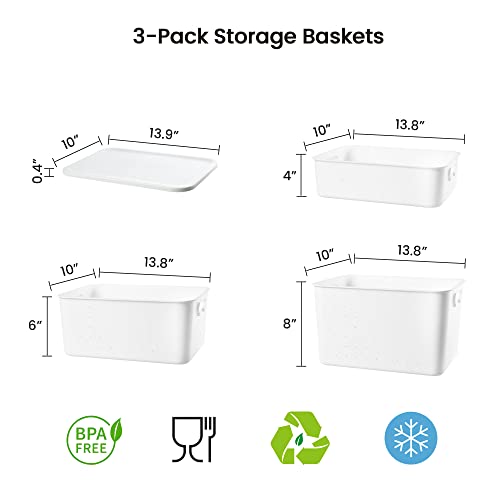 vacane 3 Pack Plastic Storage Bins with White Lids, Storage Baskets for Organizing Container Stackable Storage Box with Handle for Shelves Closet Office Classroom, 14 x 10 x 8 inch