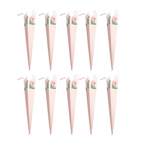 PRETYZOOM 10pcs Single Roses Flower Gift Box Cone Flower Bouquet Wrapping Paper Rose Packaging Bag DIY Flower Holder for Valentines Day Wedding Birthday Gift Without Flower (Pink)