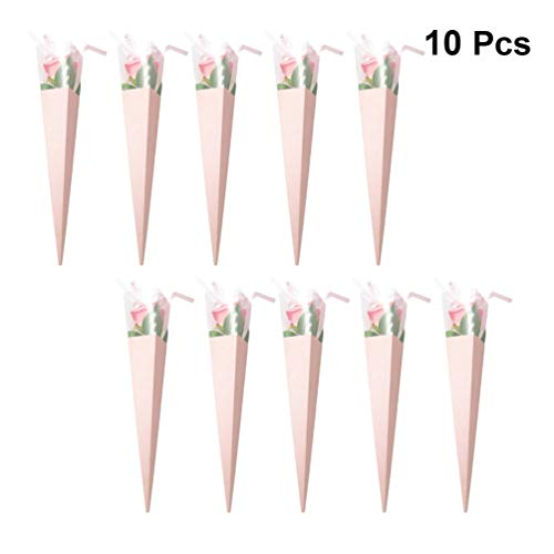 PRETYZOOM 10pcs Single Roses Flower Gift Box Cone Flower Bouquet Wrapping Paper Rose Packaging Bag DIY Flower Holder for Valentines Day Wedding Birthday Gift Without Flower (Pink)