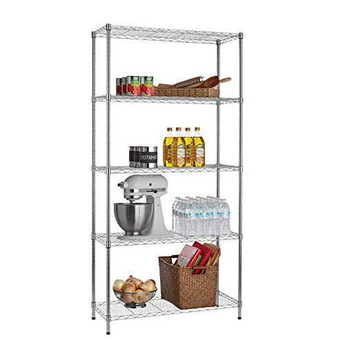 5-Tier Large Metal Coated Garage Industrial Shelf,Heavy Duty Wire Storage Kitchen Shelving Unit,Height Adjustable Sturdy Steel Shelf Wire Rack Organizer,Utility Commercial Grade Shelves Pantry Chrome