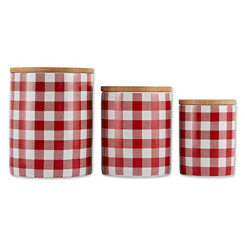 DII Ceramic Canister Sets for the Kitchen Food Safe Storage Containers with Lids, Large, Medium & Small, Buffalo Check, Red & White, 3 Count