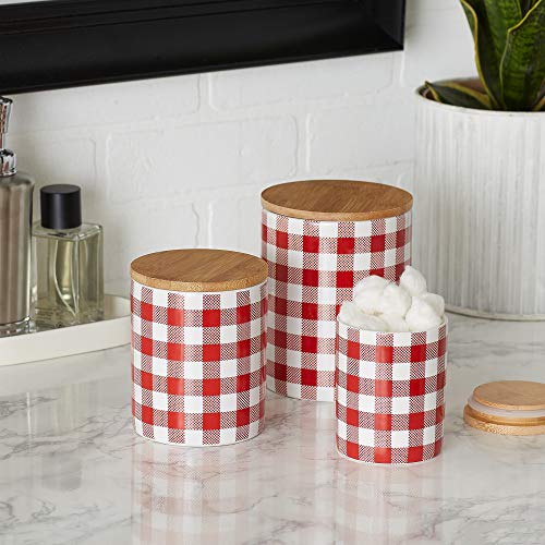 DII Ceramic Canister Sets for the Kitchen Food Safe Storage Containers with Lids, Large, Medium & Small, Buffalo Check, Red & White, 3 Count