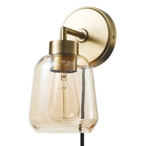 globe electric 51715 1-light plug-in or hardwire wall sconce, matte brass, smoked amber glass shade, black fabric cord, in-line on/off switch, pendant light fixture, pendant lights kitchen island