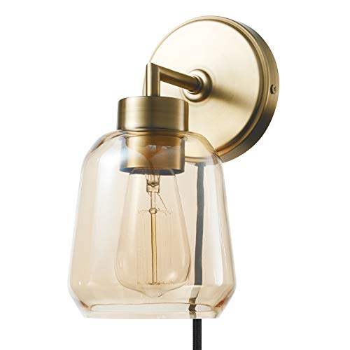 Globe Electric 51715 1-Light Plug-in or Hardwire Wall Sconce, Matte Brass, Smoked Amber Glass Shade, Black Fabric Cord, in-Line On/Off Switch, Pendant Light Fixture, Pendant Lights Kitchen Island