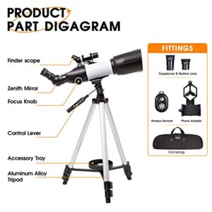 Telescope 70 mm Aperture 400 mm Refractor Astronomical Portable Telescope for Kids Adults Beginners with Tripod Phone Adaptere Carrying Bag and Wireless Remote