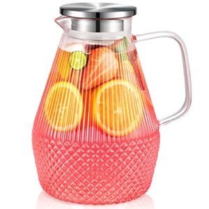 glass pitcher, veecom 80oz glass pitcher with lid and spout, large glass water pitcher for juice, lemonade and hot&cold beverage, iced tea pitcher for fridge, heat resistant glass carafe with brush