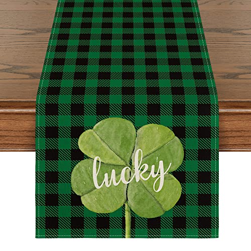 Artoid Mode Buffalo Plaid Lucky Table Runner Clover Shamrock, Seasonal St. Patrick's Day Holiday Kitchen Dining Table Runner for Home Party Decor 13 x 72 Inch