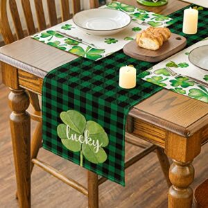 Artoid Mode Buffalo Plaid Lucky Table Runner Clover Shamrock, Seasonal St. Patrick's Day Holiday Kitchen Dining Table Runner for Home Party Decor 13 x 72 Inch