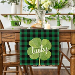 Artoid Mode Buffalo Plaid Lucky Table Runner Clover Shamrock, Seasonal St. Patrick's Day Holiday Kitchen Dining Table Runner for Home Party Decor 13 x 72 Inch