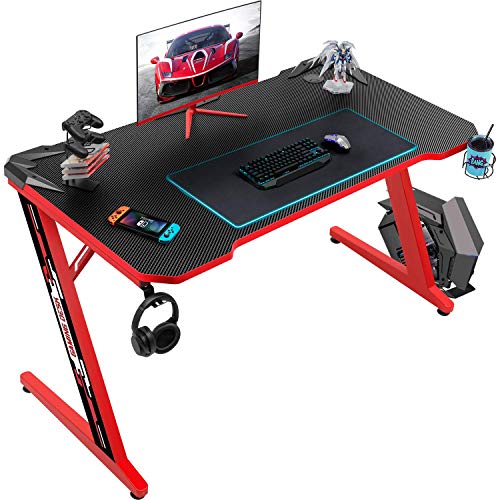 Flamaker Gaming Desk 44 Inch Gaming Table Computer Desk Gamer Table Z Shape Game Station with Large Carbon Fiber Surface, Cup Holder & Headphone (Red)