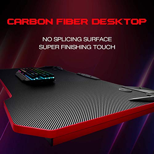 Flamaker Gaming Desk 44 Inch Gaming Table Computer Desk Gamer Table Z Shape Game Station with Large Carbon Fiber Surface, Cup Holder & Headphone (Red)