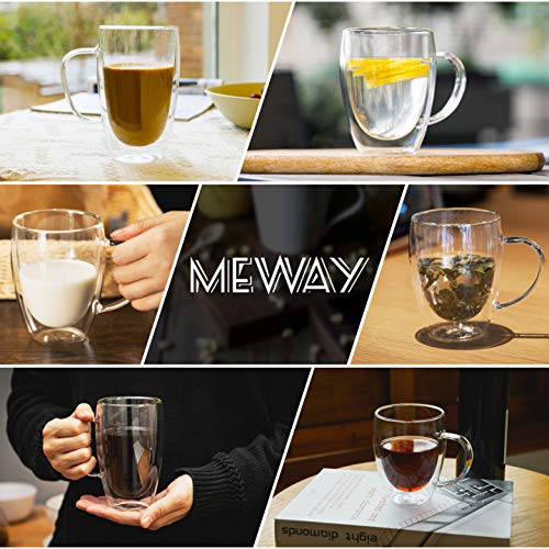 MEWAY 16oz Double Wall Glass Coffee Mugs with Handle,Insulated Coffee Glass,Clear Espresso Cups,Glass Cappuccino Cups,Tea Cups,Latte Cups,Beverage Glasses,Heat Resistant,2 Pack