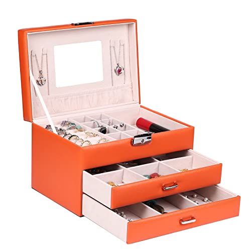 Jewelry Box with 3 Layers PU Leather Lockable Jewelry Storage Organizer with Velvet Lining Portable Leather Jewelry Box for Storing Watch, Earring, Ring, Chain, Bracelet