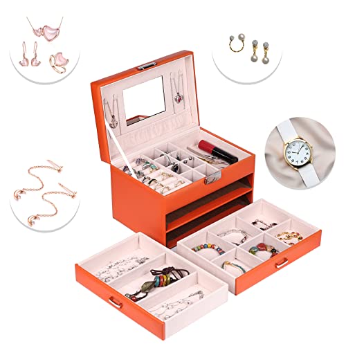 Jewelry Box with 3 Layers PU Leather Lockable Jewelry Storage Organizer with Velvet Lining Portable Leather Jewelry Box for Storing Watch, Earring, Ring, Chain, Bracelet