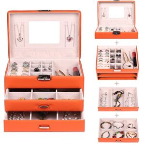 Jewelry Box with 3 Layers PU Leather Lockable Jewelry Storage Organizer with Velvet Lining Portable Leather Jewelry Box for Storing Watch, Earring, Ring, Chain, Bracelet