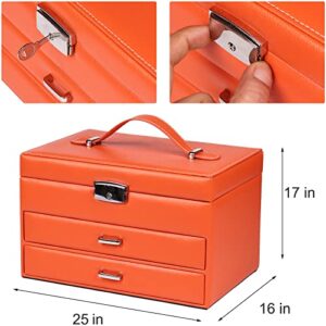 Jewelry Box with 3 Layers PU Leather Lockable Jewelry Storage Organizer with Velvet Lining Portable Leather Jewelry Box for Storing Watch, Earring, Ring, Chain, Bracelet