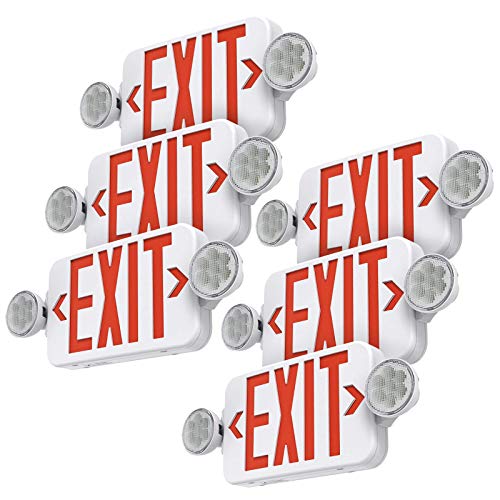 SASELUX Red Led Exit Sign Emergency Light Combo Adjustable Two Head, Double Sided and Battery Backup Exit Light, Contractor Select, AC 120/277V (6 Pack)