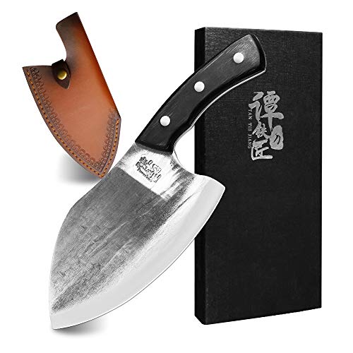 TAN TIE JIANG manual forged Chopper Knife - 7 inch Meat Cleaver Chopping Knife - Quan Tang knife - high carbon steel - Kill fish knife - Black color wooden handle- With leather knife cover