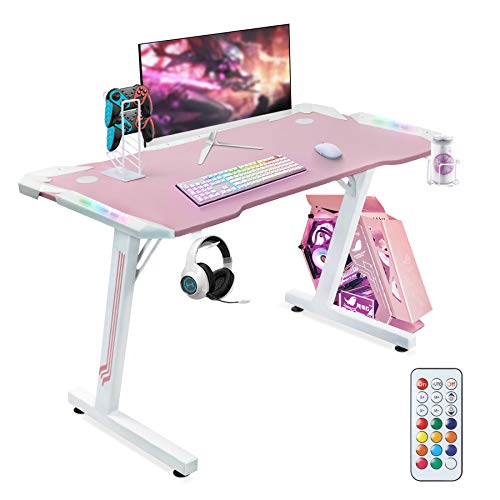 YOUTHUP Gaming Desk with LED Lights, 43.3 Inch Z Shaped Game Desk for PC Gamer, Ergonomic Racing Style Computer Table Workstation with Remote Control, Headphone Hook, Cup Holder, Handle Rack, Pink