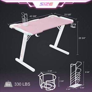 YOUTHUP Gaming Desk with LED Lights, 43.3 Inch Z Shaped Game Desk for PC Gamer, Ergonomic Racing Style Computer Table Workstation with Remote Control, Headphone Hook, Cup Holder, Handle Rack, Pink