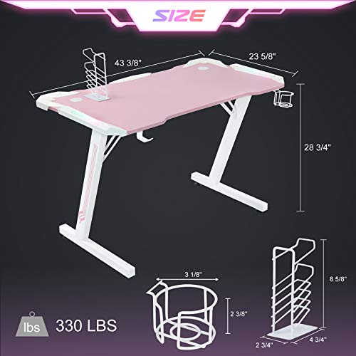 YOUTHUP Gaming Desk with LED Lights, 43.3 Inch Z Shaped Game Desk for PC Gamer, Ergonomic Racing Style Computer Table Workstation with Remote Control, Headphone Hook, Cup Holder, Handle Rack, Pink