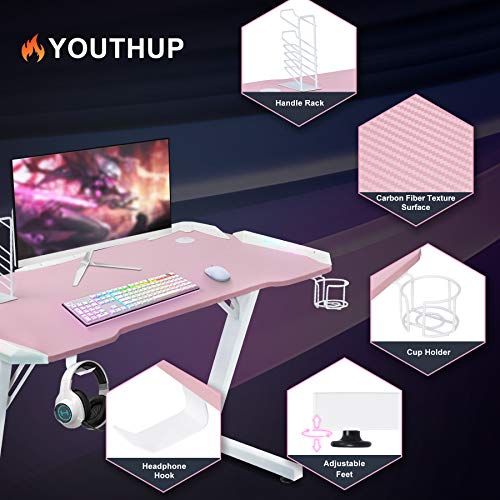 YOUTHUP Gaming Desk with LED Lights, 43.3 Inch Z Shaped Game Desk for PC Gamer, Ergonomic Racing Style Computer Table Workstation with Remote Control, Headphone Hook, Cup Holder, Handle Rack, Pink