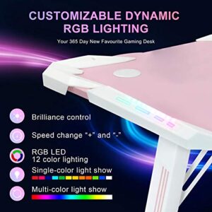 YOUTHUP Gaming Desk with LED Lights, 43.3 Inch Z Shaped Game Desk for PC Gamer, Ergonomic Racing Style Computer Table Workstation with Remote Control, Headphone Hook, Cup Holder, Handle Rack, Pink