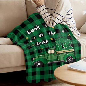 St. Patrick's Day Blankets Truck with Green Shamrock Throw Blankets Soft Lightweight Flannel Blanket Cozy Gold Coin Green Buffalo Check Plaid Blanket for Home Spring Holiday Decoration 40x50inch