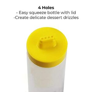 Drizzle Bottle for Hot Chocolate Bombs - Condiment Dispenser & Kitchen Squeeze Bottle- Chocolate Sauce, Frosting, Simple Syrup, Icing & Candy Melts- 4 Holes with Lid, Includes Chocolate Glaze Recipe