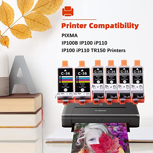 6 PK 35 36 Ink Cartridge Replacement for Canon PGI-35 CLI-36 Ink Cartridge (Pixma iP110 iP100 Ink Cartridges) (4B,2C),Used for Canon Pixma iP110 iP100 TR150 Mini260 Mini 320 Printers