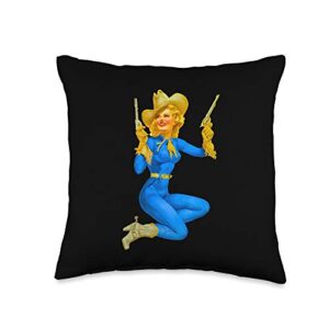 retro sexy vintage pin-up girl blonde pin-up girl cowgirl hat 40's 50's vintage retro art throw pillow, 16x16, multicolor