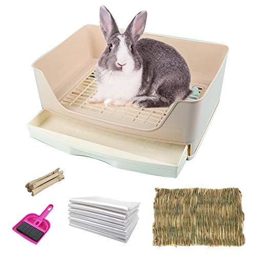 kathson Large Rabbit Litter Box with Drawer, Pet Toilet Potty Trainer Corner Toilet Bigger Pet Pan with Grass Mat for Adult Guinea Pigs, Chinchilla, Hamster (Brown)