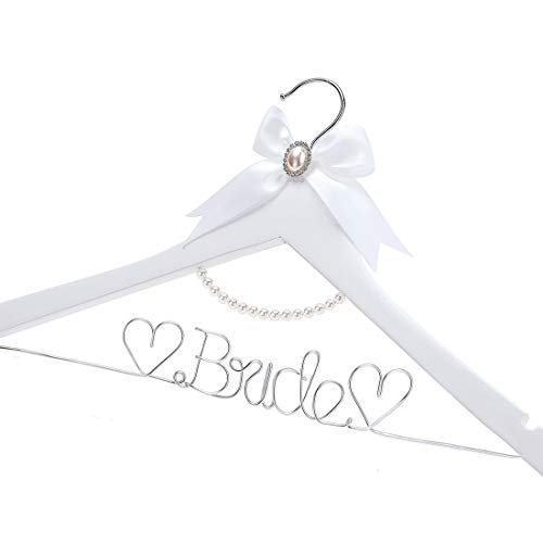 HUIDIAN White Solid Wood Bridal Dress Hanger with Bridal Wire Lettering for Bridal Wedding Party Gift (White Hanger Silver Thread and Pearl Chain)