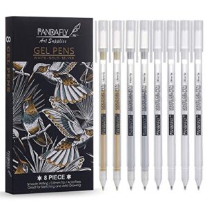 pandafly white gold silver gel pens, 0.8 mm extra fine point metallic gel ink pens for black paper drawing, sketching, illustration, card making, bullet journaling, pack of 8