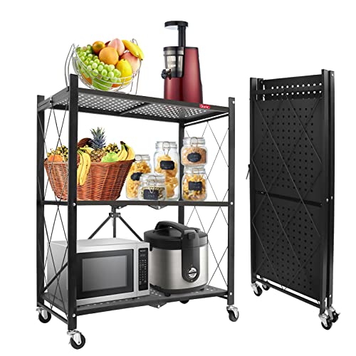 3-Shelf Foldable Storage Shelves with Wheels, Large Capacity Shelving Unit, Freestanding Metal Wire Shelf Rack, No Assembly Organizer Rack for Garage Kitchen, Basement, Pantry, Heavy Duty