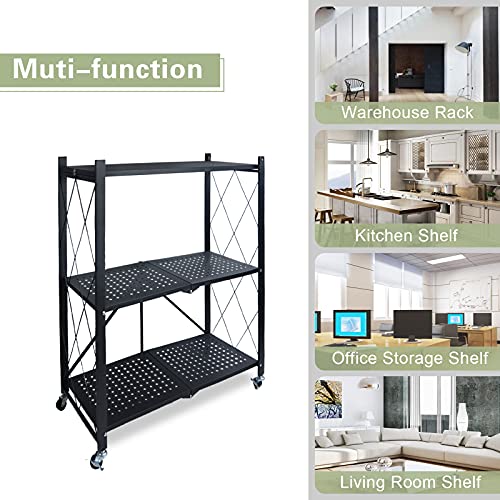 3-Shelf Foldable Storage Shelves with Wheels, Large Capacity Shelving Unit, Freestanding Metal Wire Shelf Rack, No Assembly Organizer Rack for Garage Kitchen, Basement, Pantry, Heavy Duty