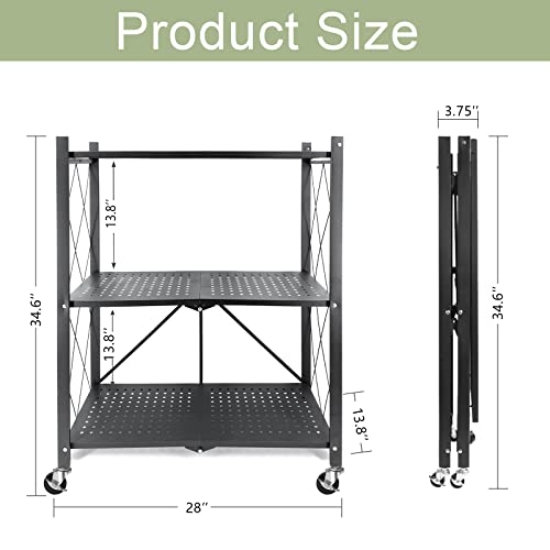 3-Shelf Foldable Storage Shelves with Wheels, Large Capacity Shelving Unit, Freestanding Metal Wire Shelf Rack, No Assembly Organizer Rack for Garage Kitchen, Basement, Pantry, Heavy Duty