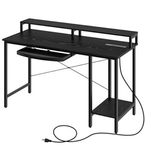 rolanstar computer desk with power outlet and monitor stand shelf, 47” home office pc desk with keyboard tray and usb ports charging station, desktop table, stable metal frame workstation, black