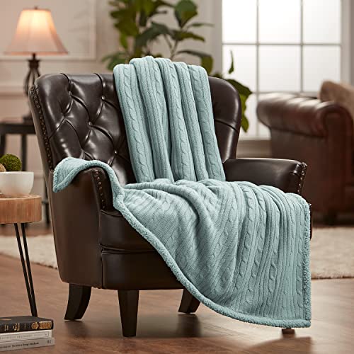 Chanasya Cable Knit Throw Blanket - Soft and Cozy Throw Blanket with Plush Sherpa Side - 50" x 65” - Mint Green