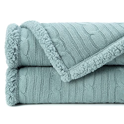 Chanasya Cable Knit Throw Blanket - Soft and Cozy Throw Blanket with Plush Sherpa Side - 50" x 65” - Mint Green