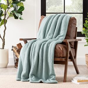 Chanasya Cable Knit Throw Blanket - Soft and Cozy Throw Blanket with Plush Sherpa Side - 50" x 65” - Mint Green