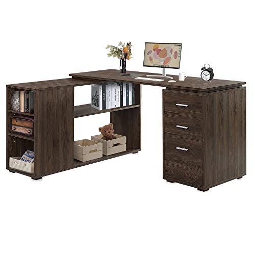 BELLEZE L Shaped Computer Desk, 60” Study Writing Table Home Office Desk Morden Corner Workstation Setup with Adjustable Storage Shelves and 3 Drawers, Dark Walnut