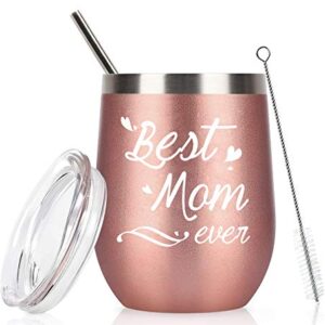 Best Mom Tumbler Best Mom Ever Tumbler with Straw and Lid Best Mom Ever Wine Tumble Birthday Mothers Day Gifts for Mom from Daughter Son New Mom Wine Tumbler 12 Ounce with Gift Box Rose Gold