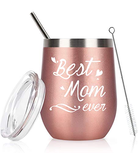 Best Mom Tumbler Best Mom Ever Tumbler with Straw and Lid Best Mom Ever Wine Tumble Birthday Mothers Day Gifts for Mom from Daughter Son New Mom Wine Tumbler 12 Ounce with Gift Box Rose Gold